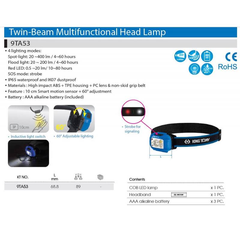 KING TONY 4W Twin-Beam Multifunctional Head Lamp 9TA53 – Bright ...